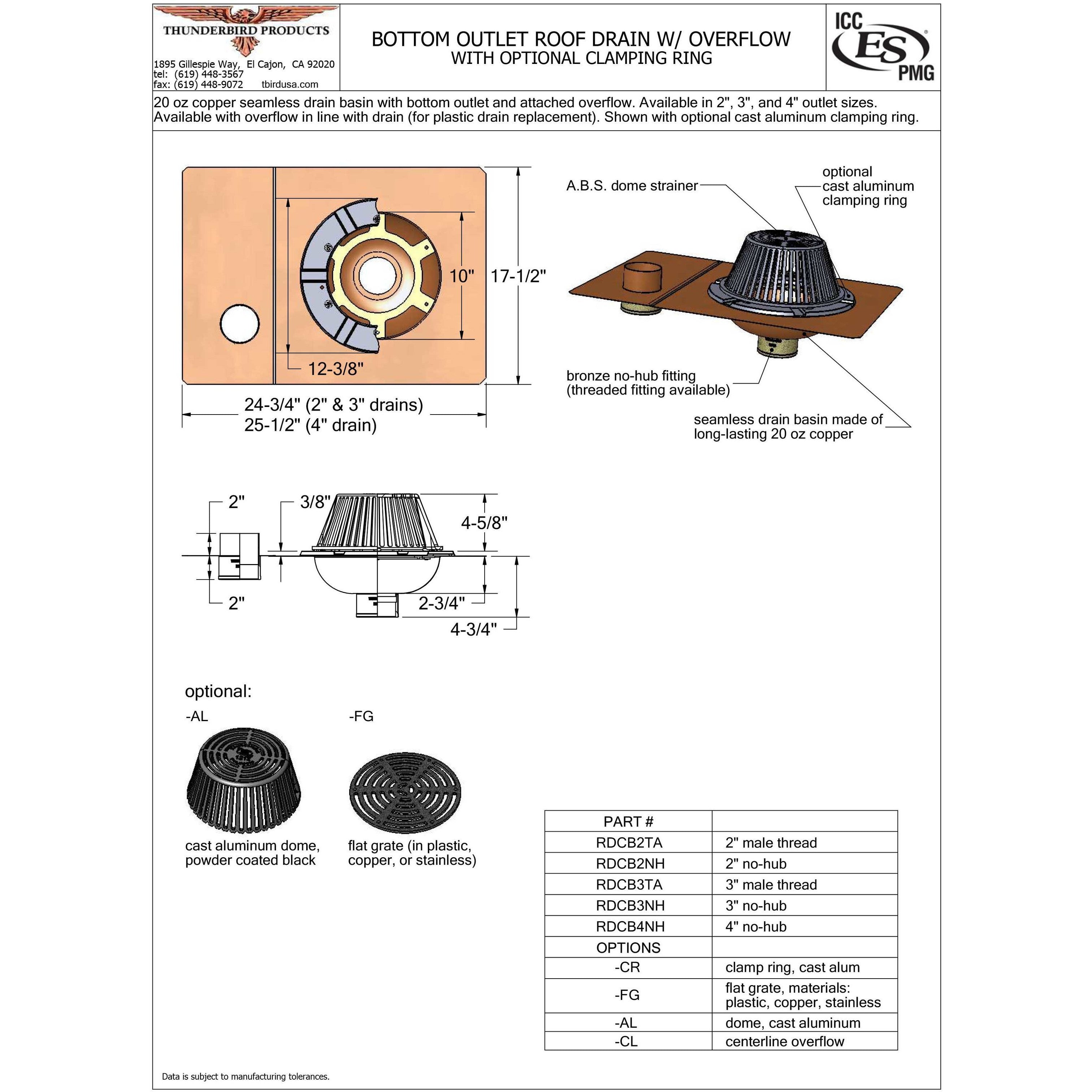 Bottom Outlet Roof Drain with Overflow, 20oz Copper | Copperlab