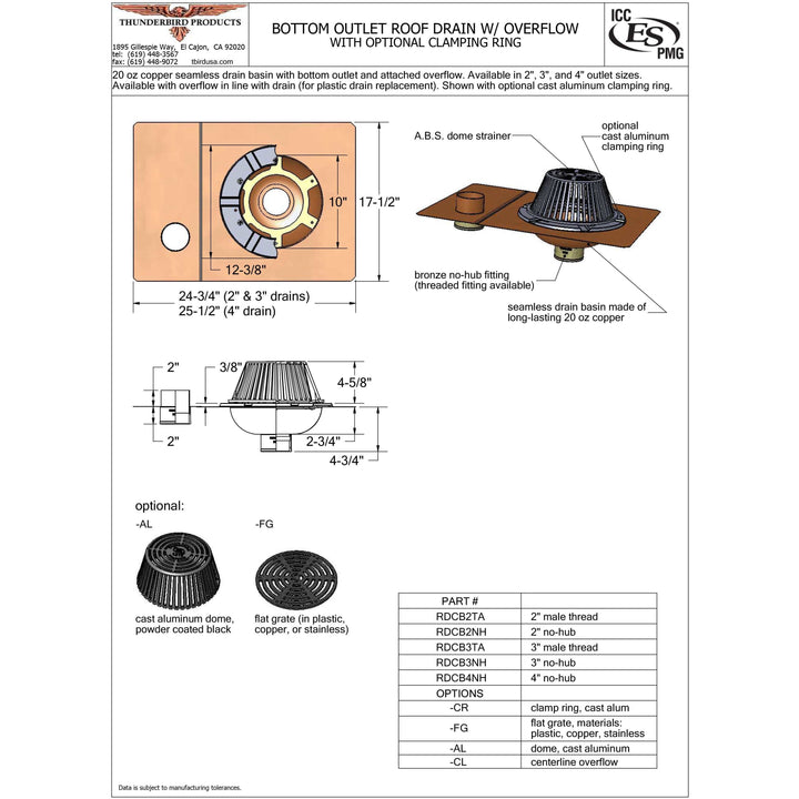 Bottom Outlet Roof Drain with Overflow, 20oz Copper | Copperlab