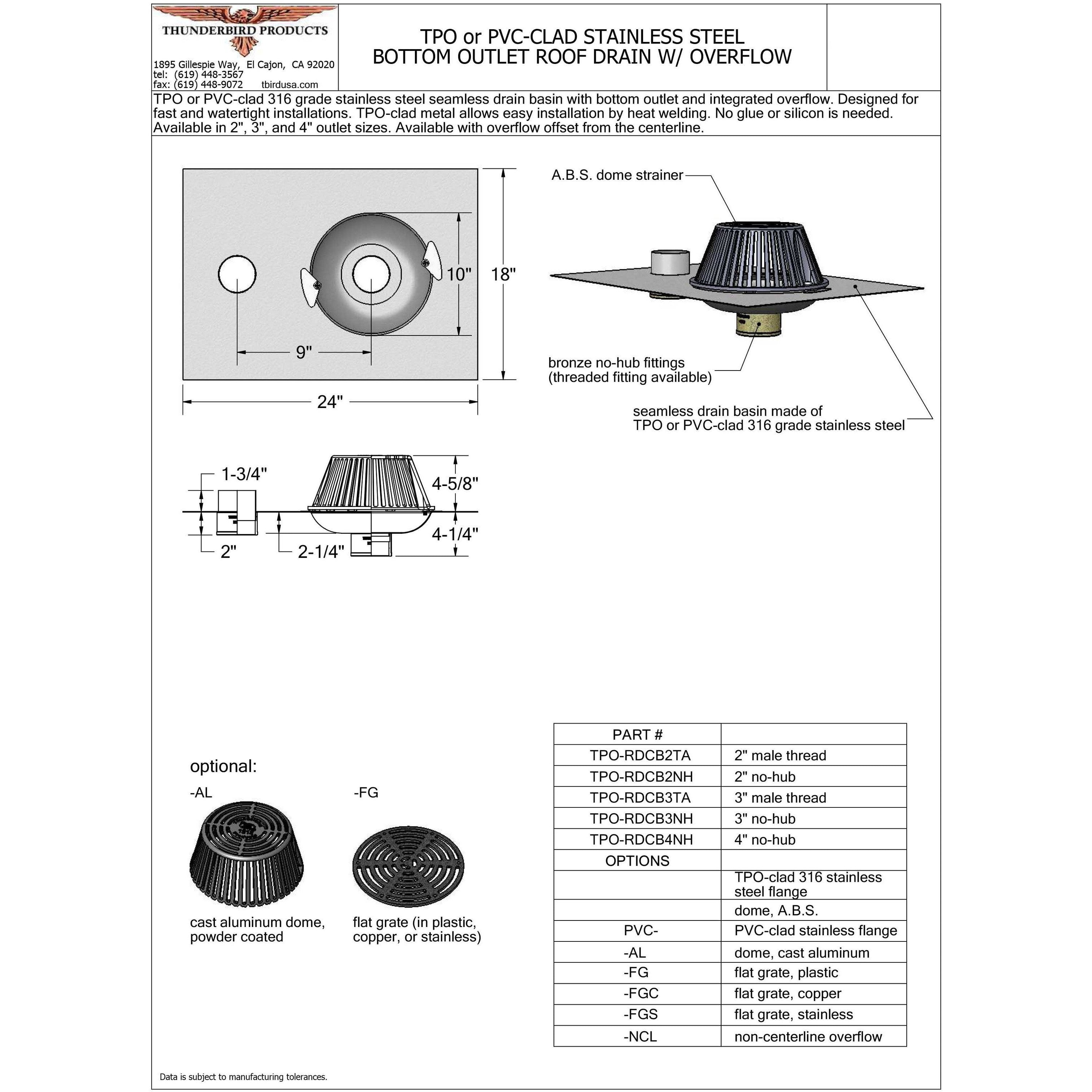 PVC-Clad Stainless Steel Bottom Outlet Roof Drain with Overflow | Copperlab