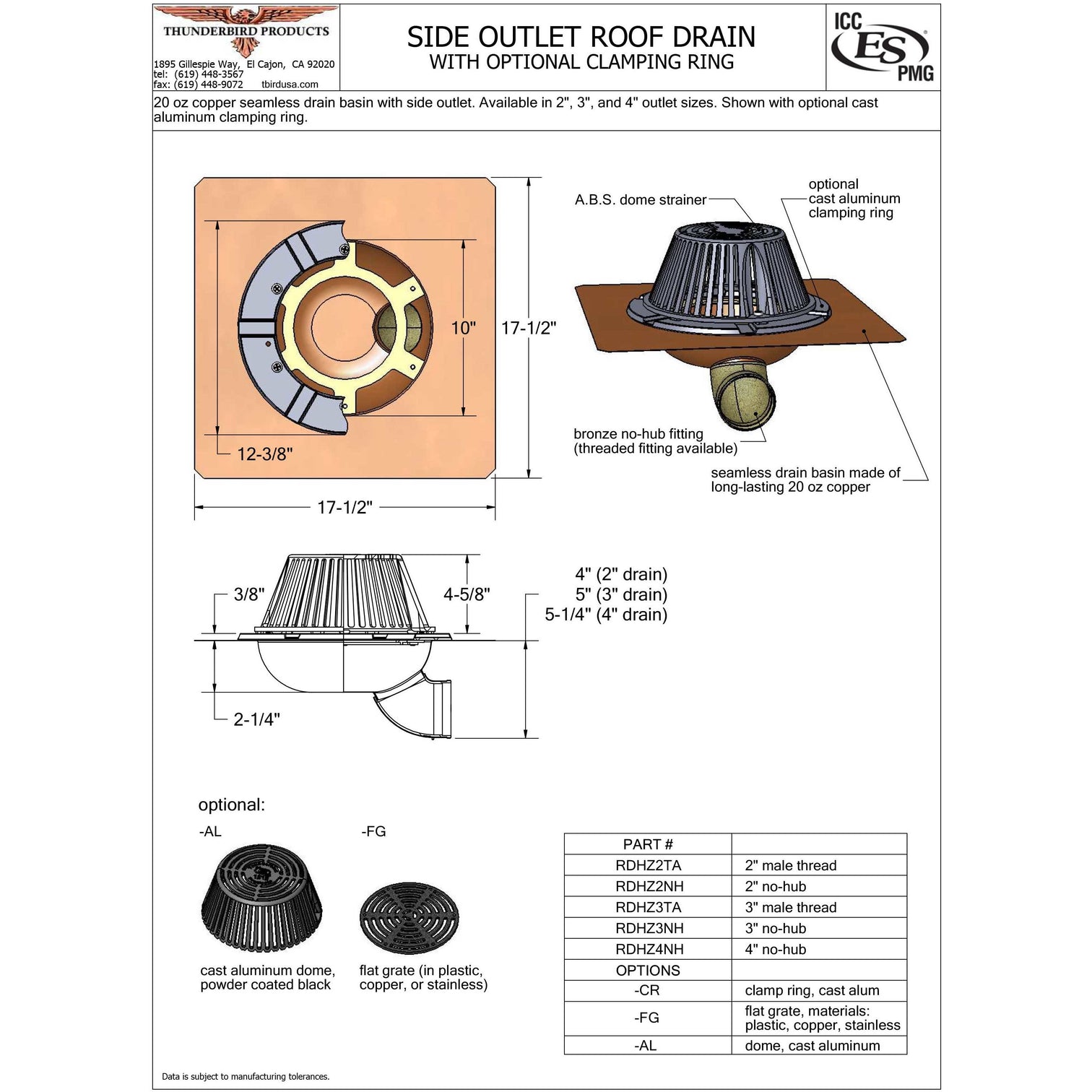 Side Outlet Roof Drain, 20oz Copper | Copperlab