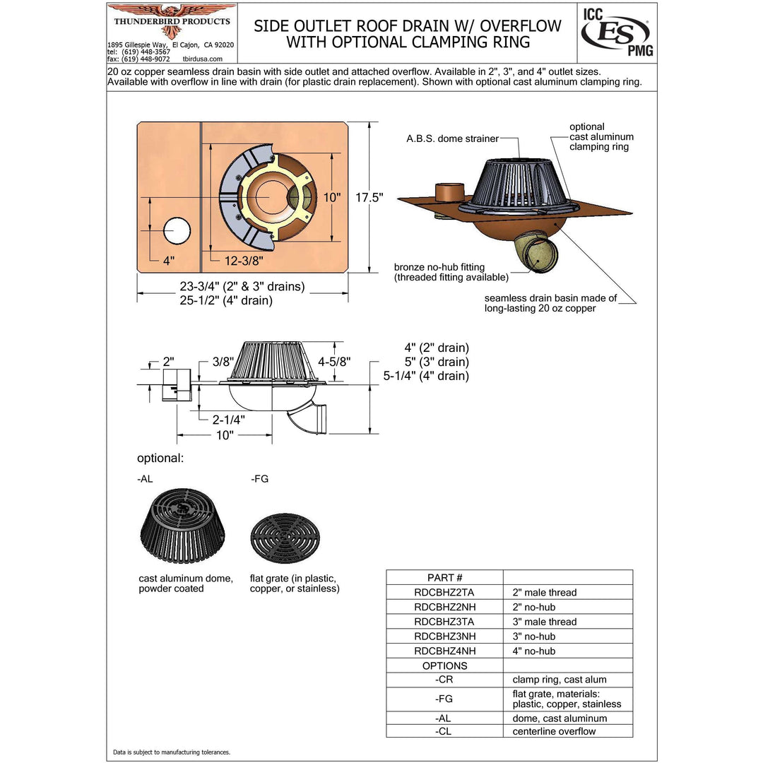 Side Outlet Roof Drain with Overflow, 20oz Copper | Copperlab